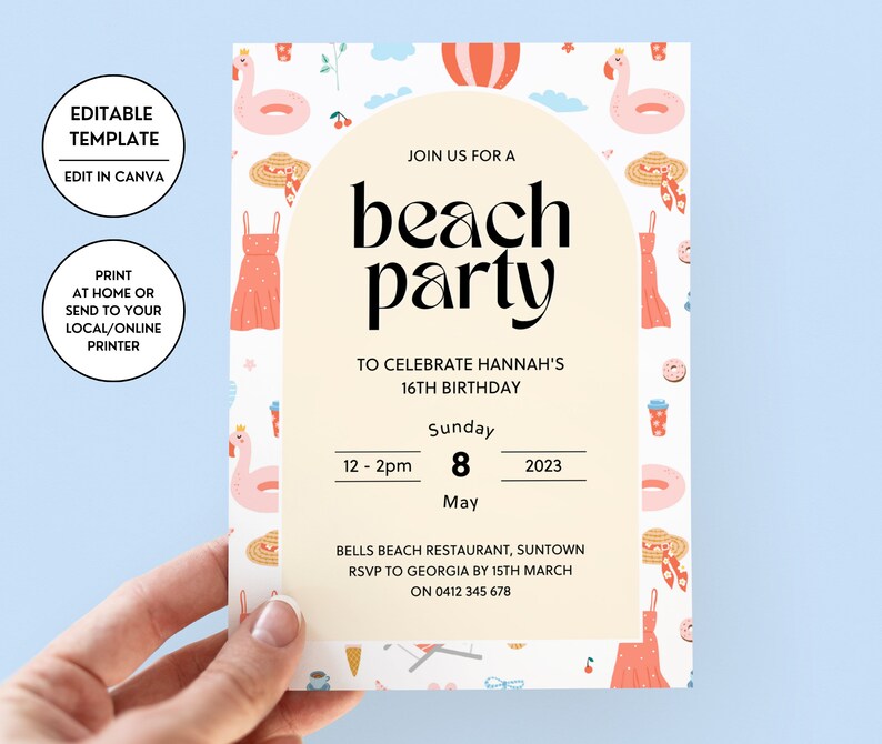 Beach Party Invitation, Printable Summer Party Invitation Template ...
