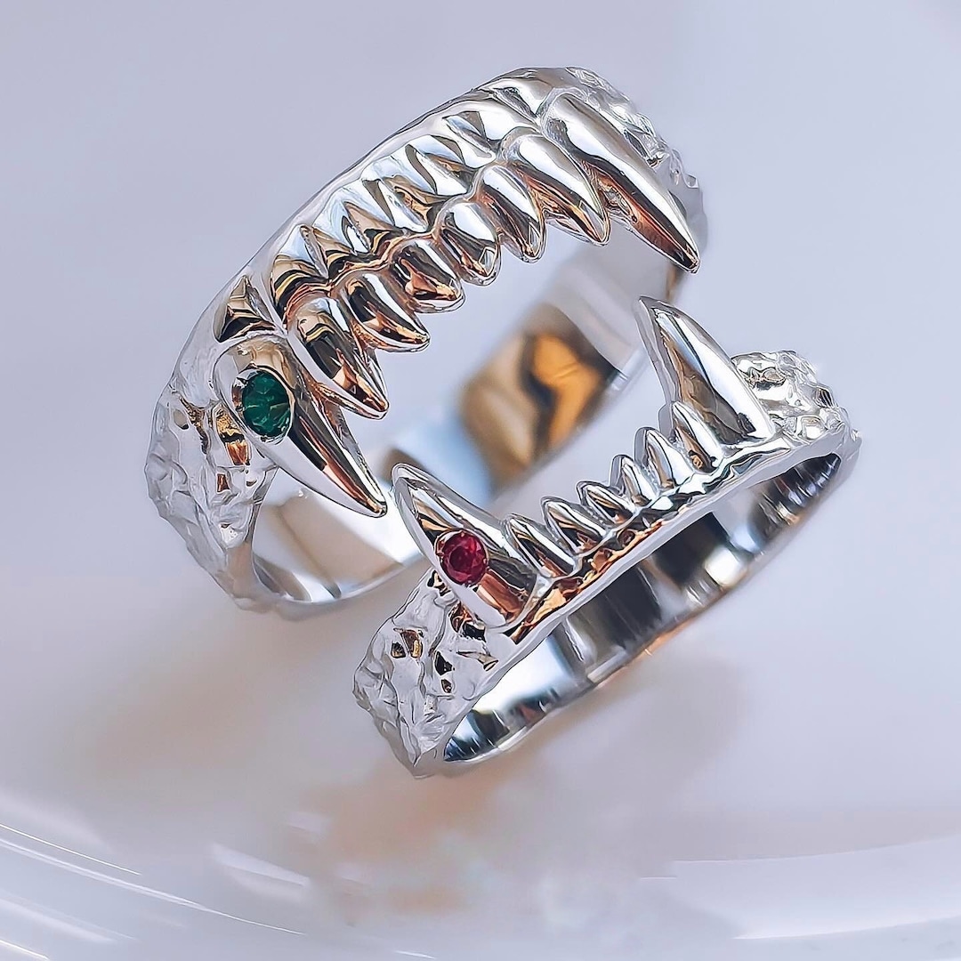 Sterling Silver Couple Rings Set: Teeth Design, Sparkling Diamond ...
