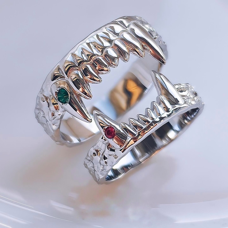 Sterling Silver Couple Rings Set: Teeth Design, Sparkling Diamond ...