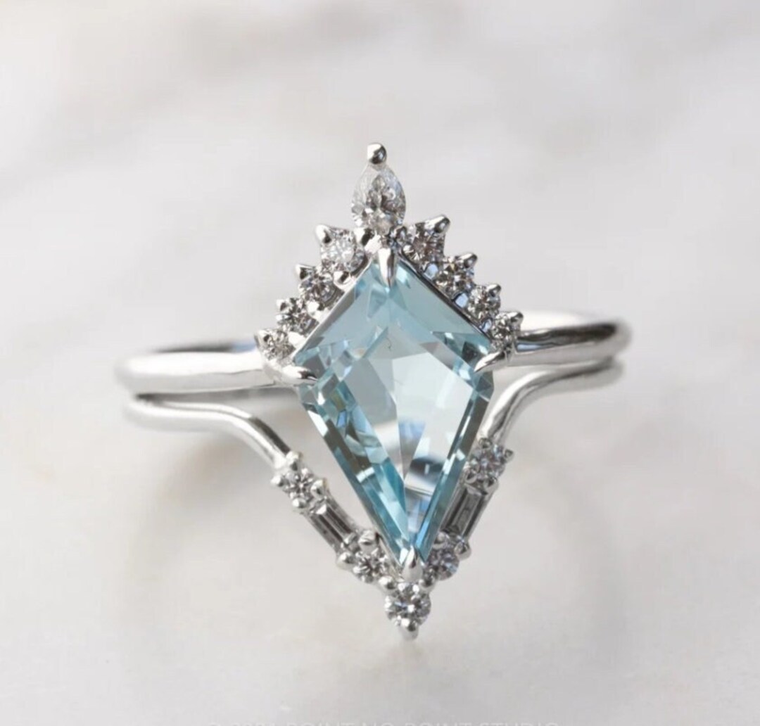 Aquamarine Kite Ring Set: Sterling Silver Engagement Wedding Ring - Etsy