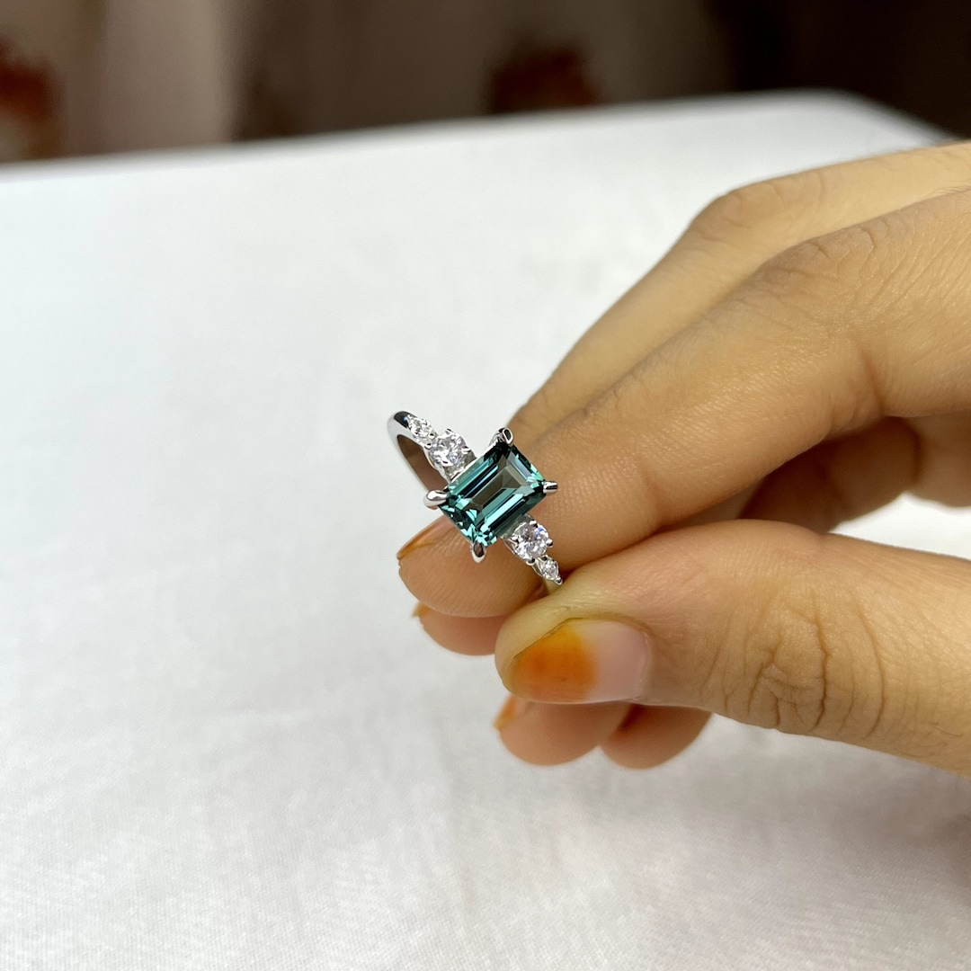 Emerald Cut Teal Sapphire Ring: Sterling Silver Engagement Ring - Etsy