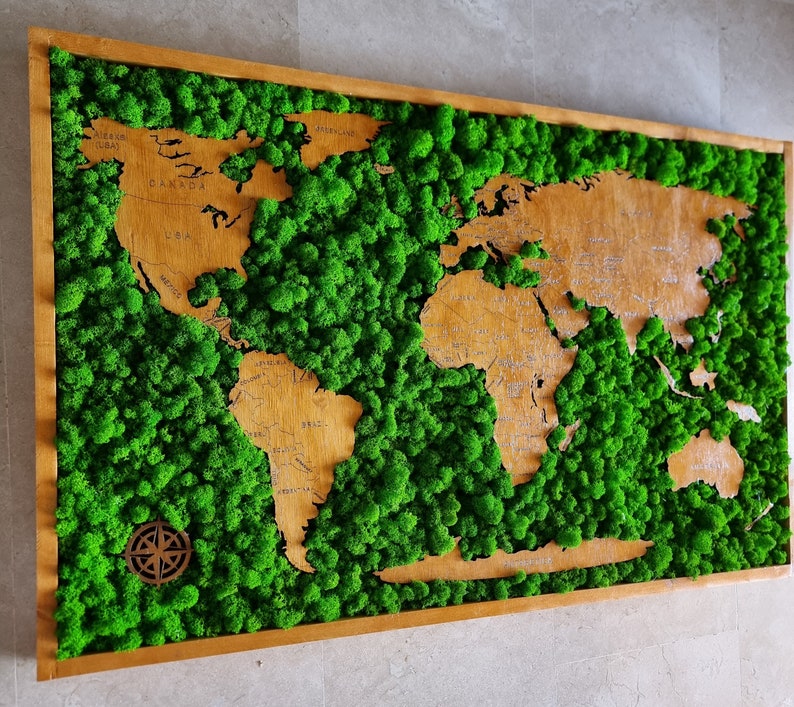Preserved Moss World Map Wall Art: Handmade Nature Decor - Etsy