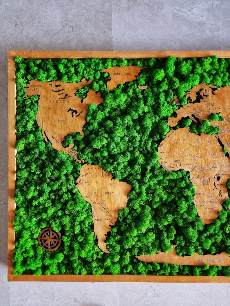Preserved Moss World Map Wall Art: Handmade Nature Decor - Etsy