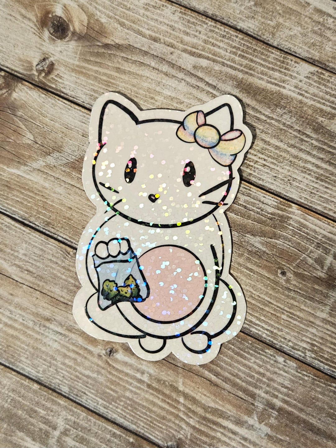 Weed Kitty Sticker, Cute White 420 Cat Sticker for Laptop, Sparkly ...