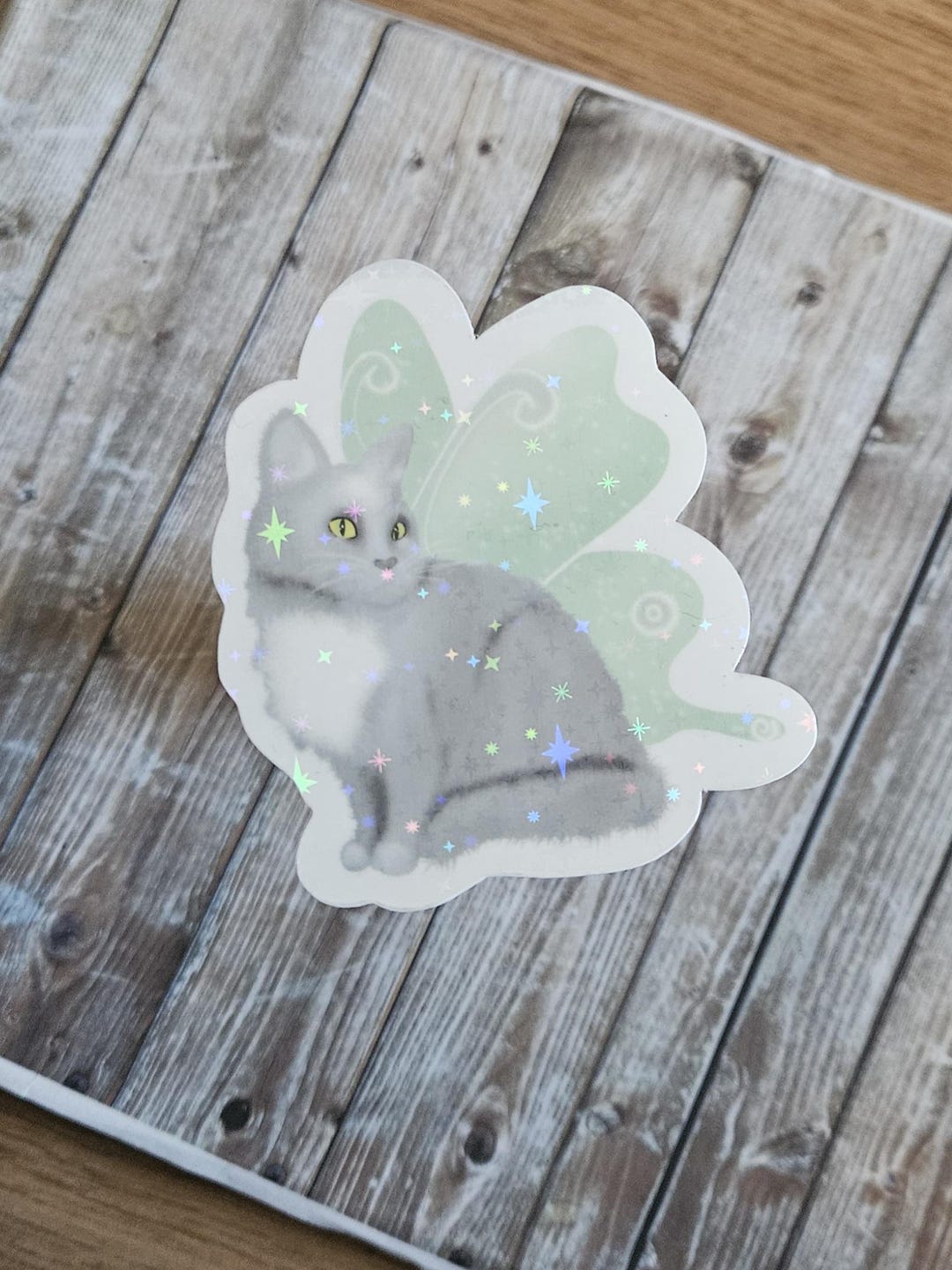Gray Cat With Fairy Wings Sticker for Water Bottle, Sparkly Kitty ...