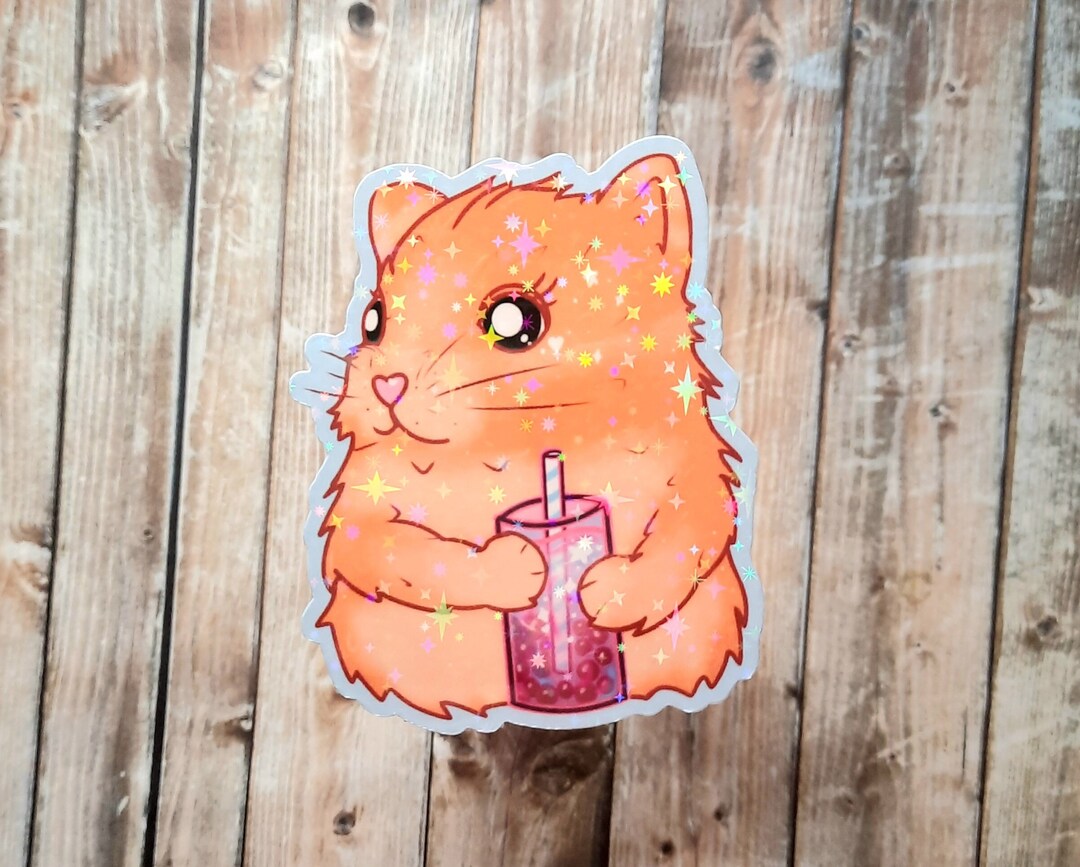 Cute Hamster Sticker, Boba Animals Sticker for Water Bottle, Sparkly ...