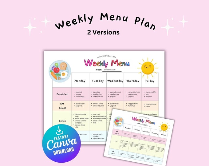 Daycare Weekly Menu, Printable Weekly Menu for Daycare, Daycare Meal ...