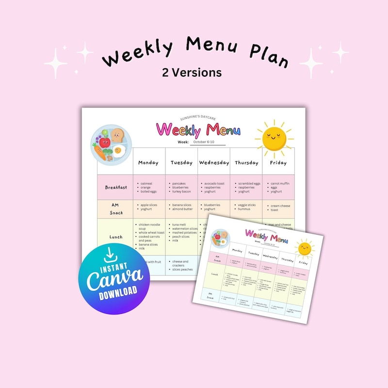 Daycare Weekly Menu - Etsy