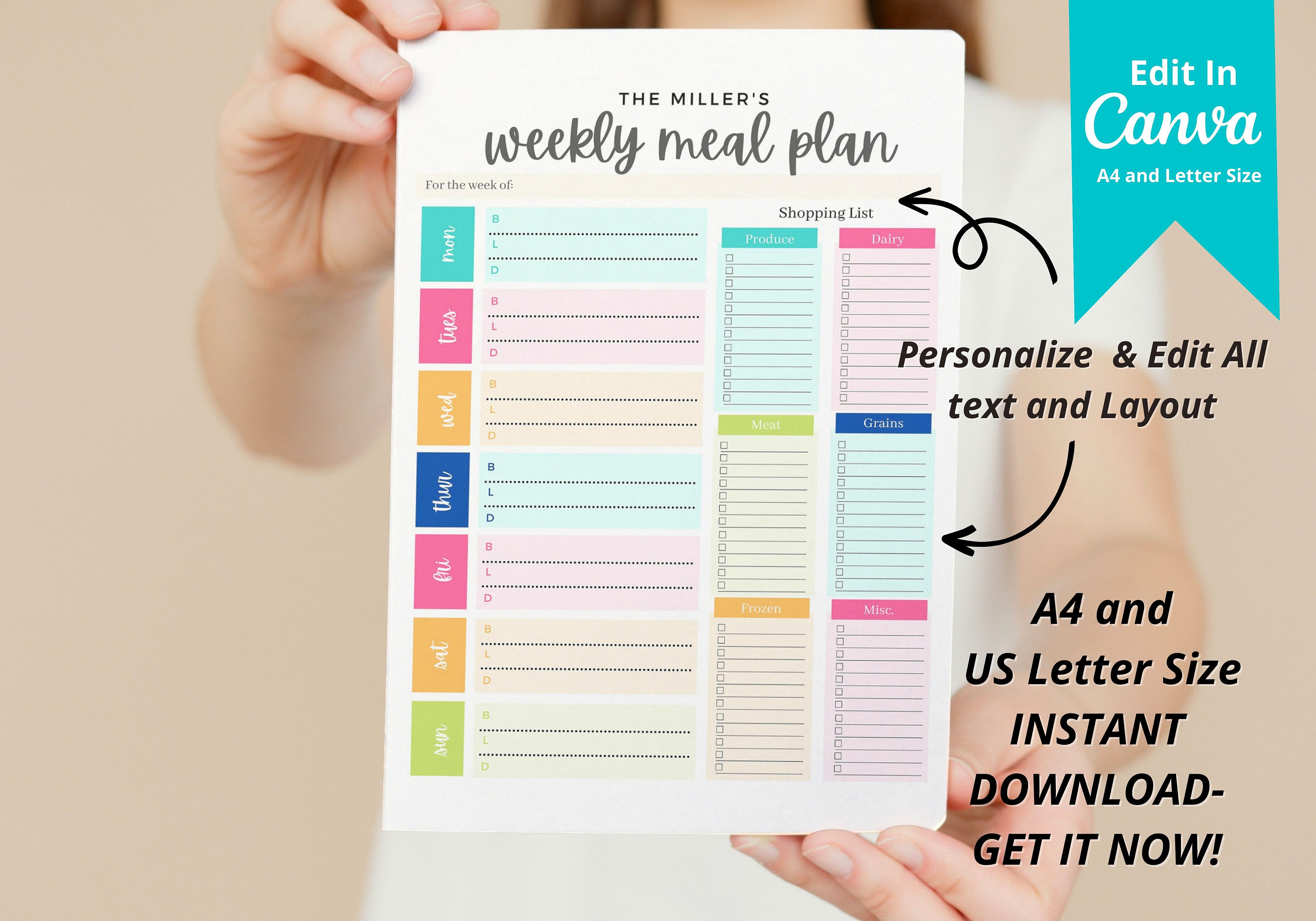 Weekly Meal Planner Printable Editable Meal Planner Instant - Etsy