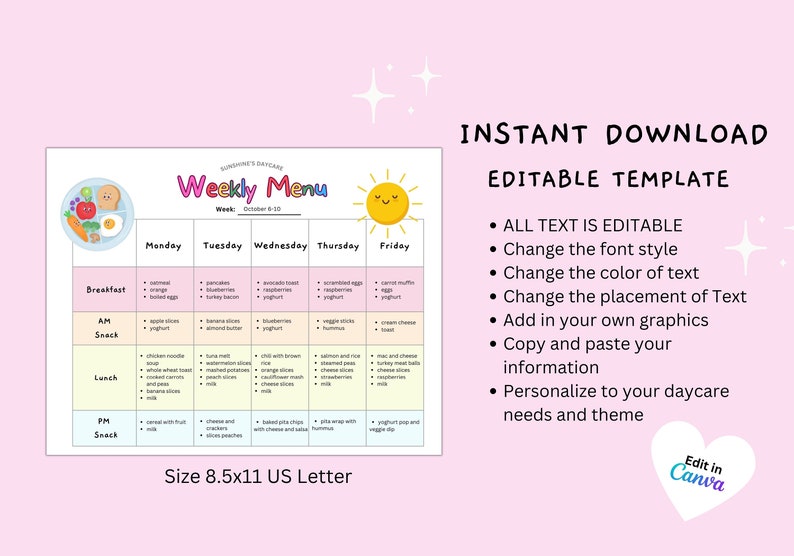 Daycare Weekly Menu, Printable Weekly Menu for Daycare, Daycare Meal ...