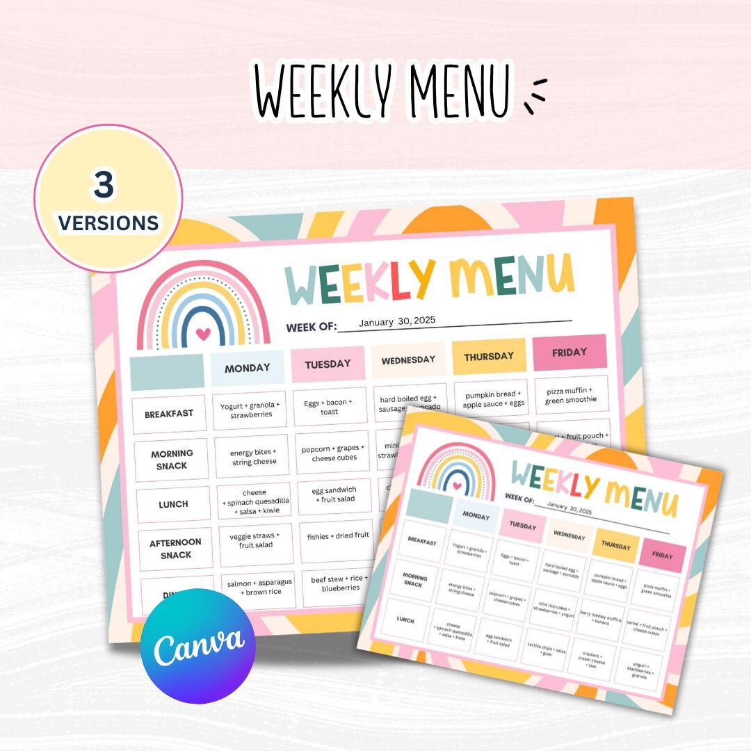 Daycare Weekly Menu, Printable Weekly Menu for Daycare, Daycare Meal ...