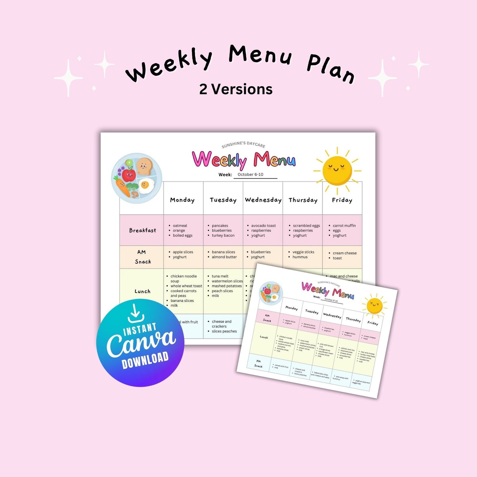 Daycare Weekly Menu, Printable Weekly Menu for Daycare, Daycare Meal ...
