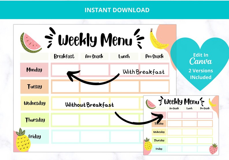 Daycare Weekly Menu, Printable Weekly Menu for Daycare, Daycare Meal ...