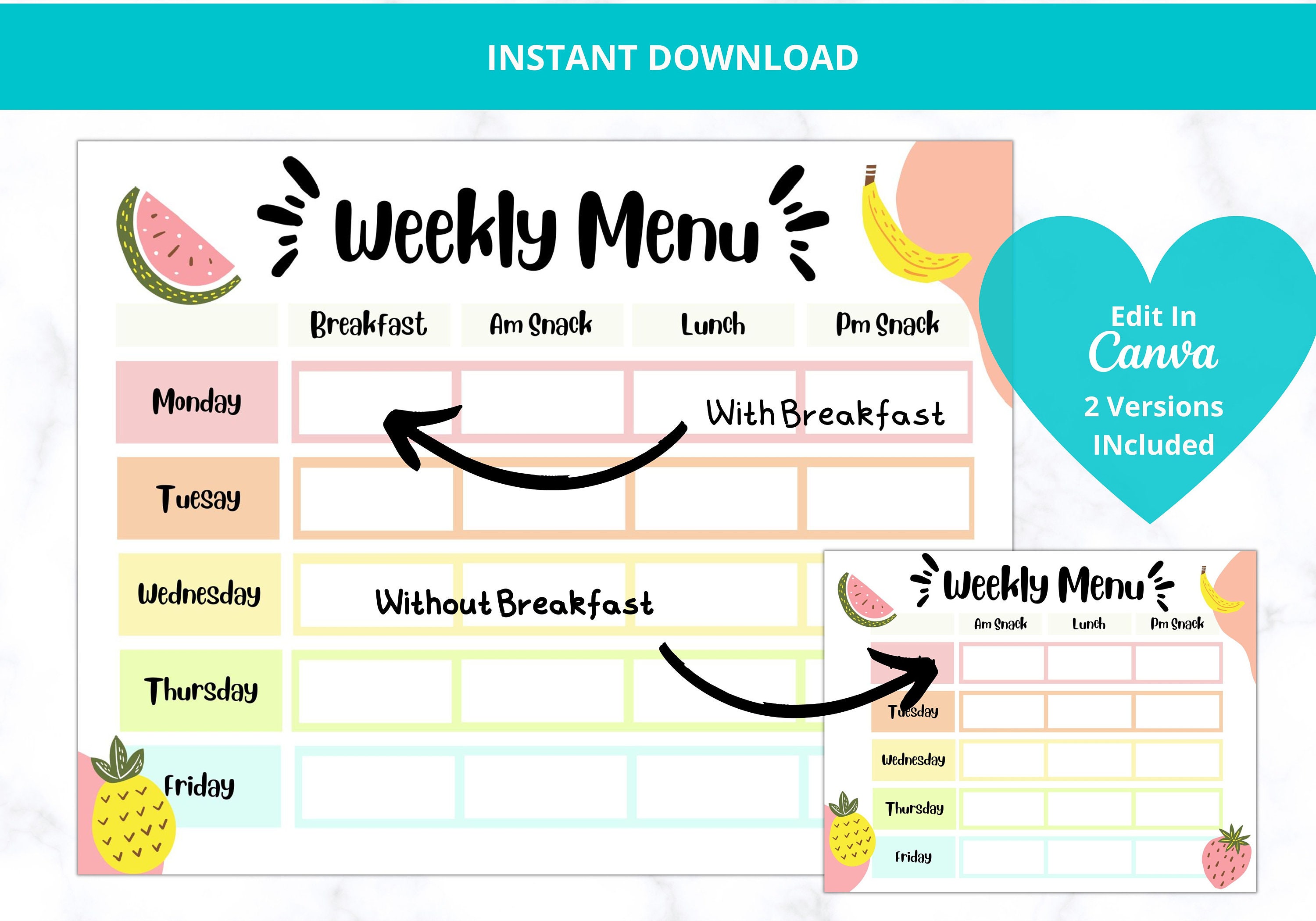 Daycare Weekly Menu, Printable Weekly Menu for Daycare, Daycare Meal ...