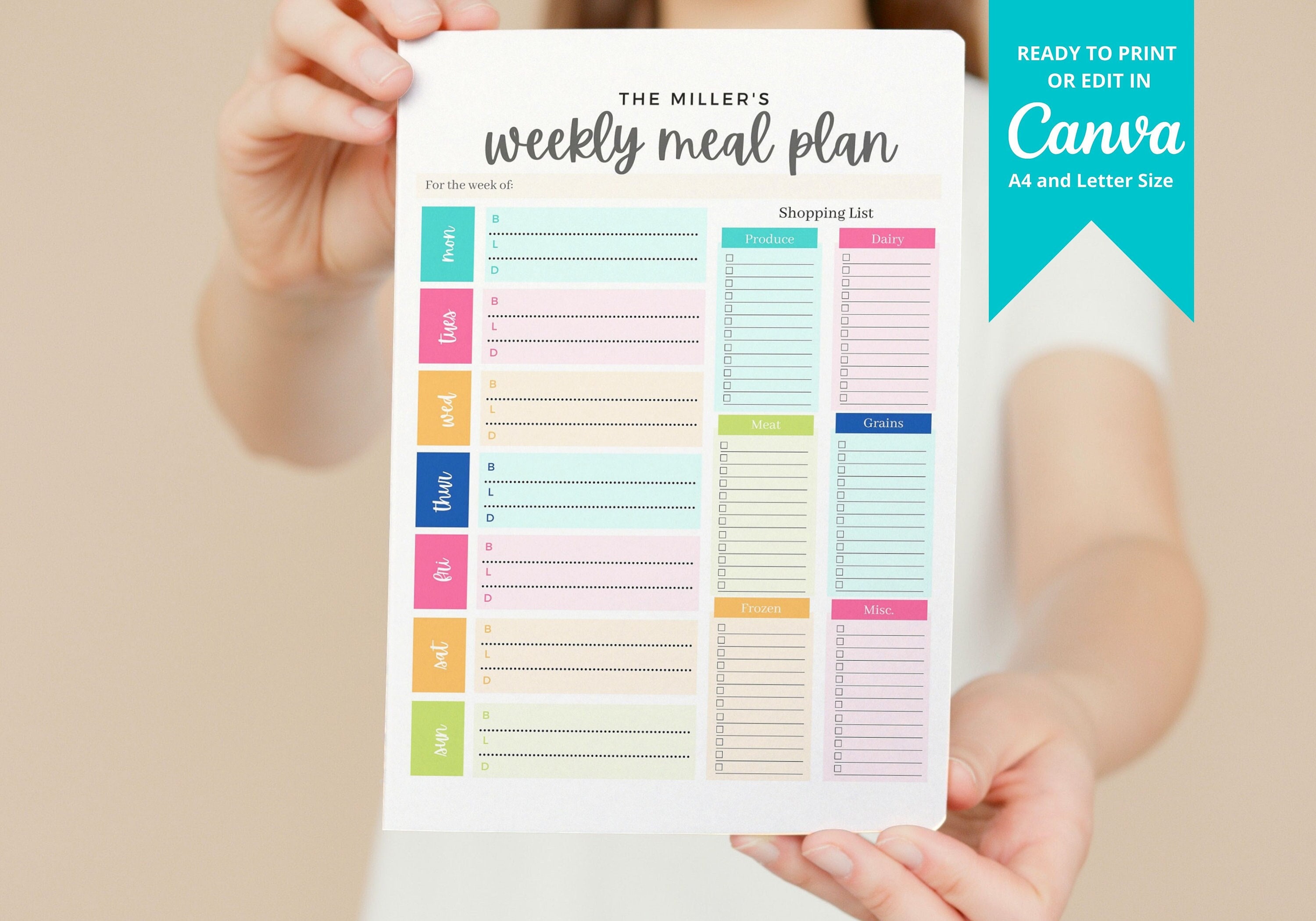 Weekly Meal Planner Printable Editable Meal Planner Instant - Etsy