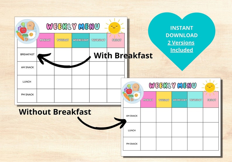 Daycare Weekly Menu, Printable Weekly Menu for Daycare, Daycare Meal ...