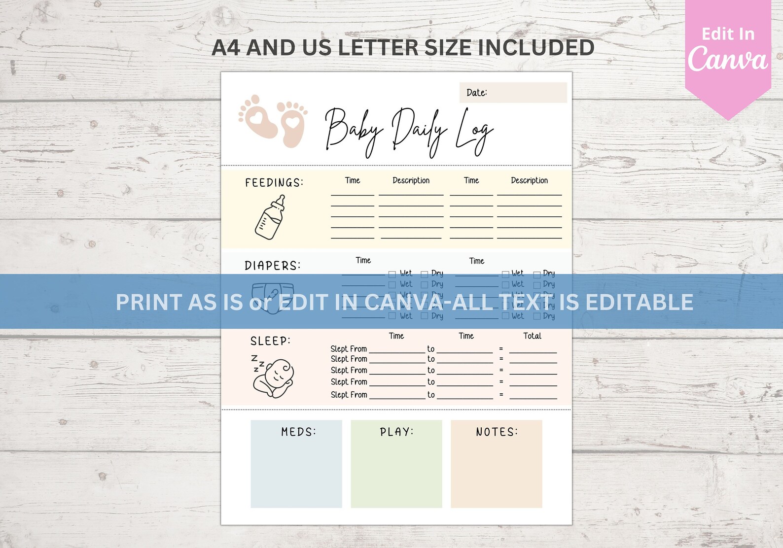 Daily Baby Log Template, Editable, Printable, Baby Care, Nanny Log, New ...