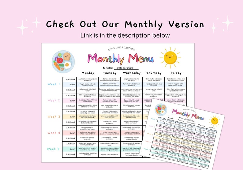 Daycare Weekly Menu, Printable Weekly Menu for Daycare, Daycare Meal ...