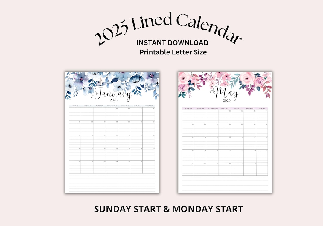 2025 Lined Printable Calendar, Portrait, Floral Greenery Calendar 2025 ...
