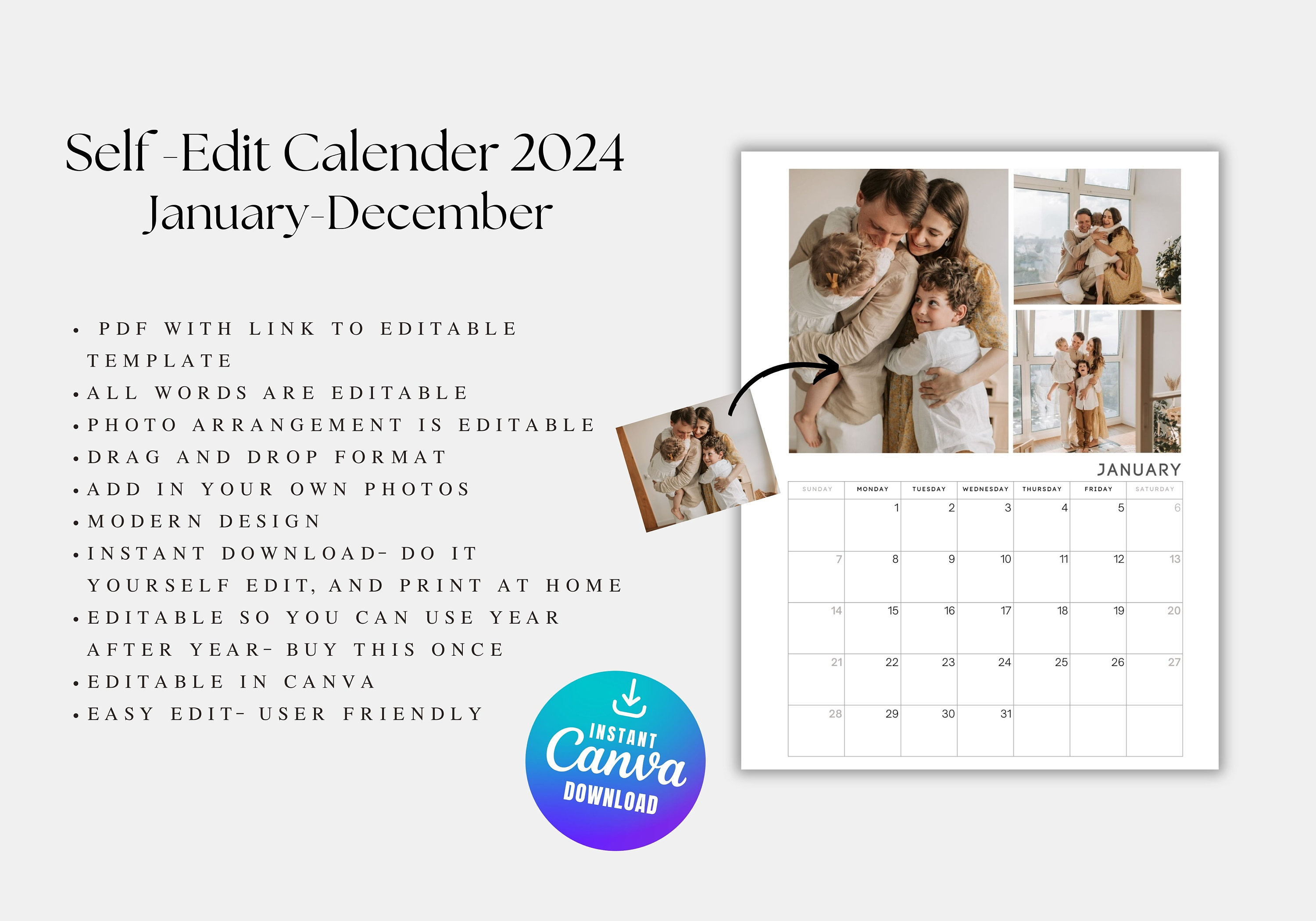2024 Calendar Printable Personalized Gift Photo Collage - Etsy