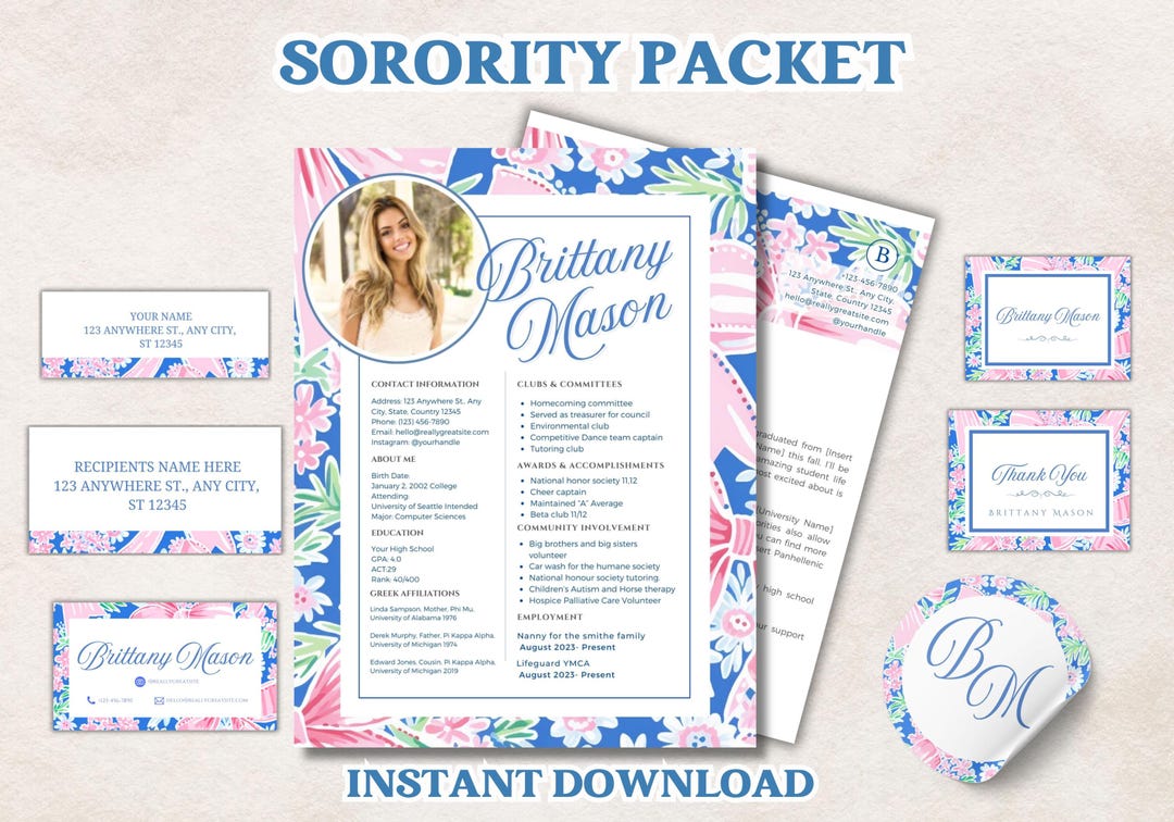 Sorority Resume Packet Template, Blue Floral Blooms Watercolor ...