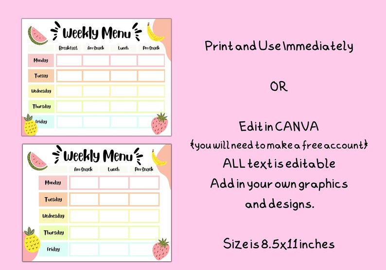 Daycare Weekly Menu, Printable Weekly Menu for Daycare, Daycare Meal ...