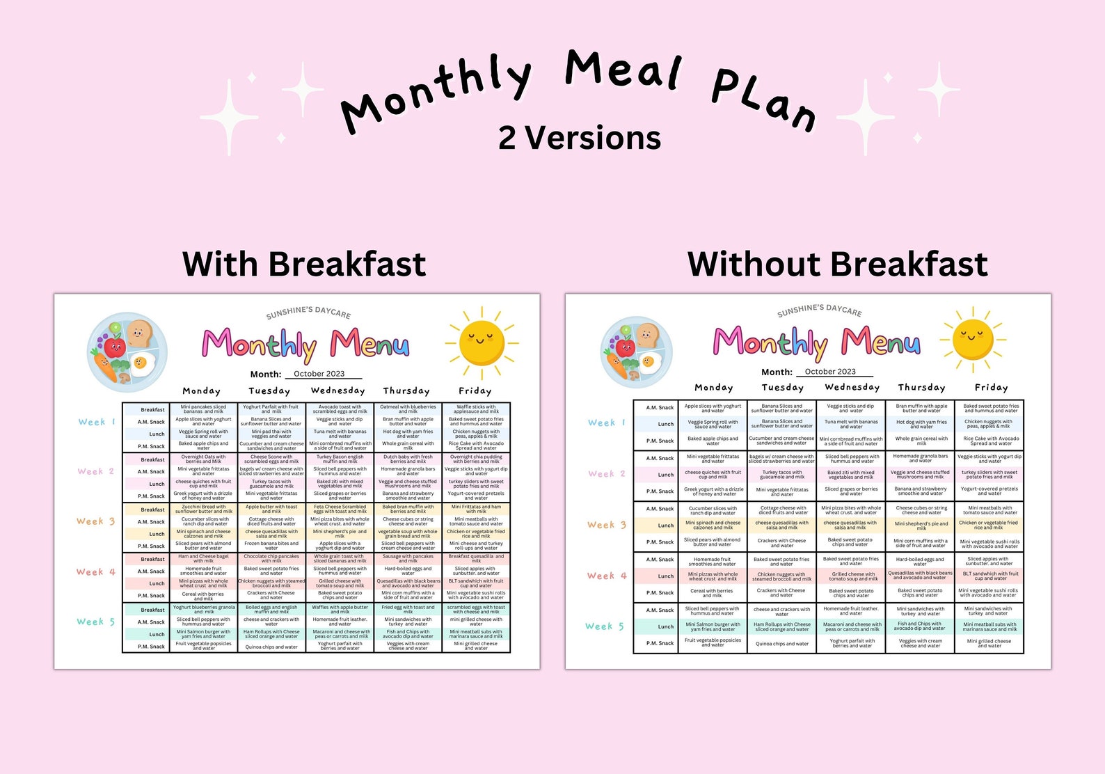 Daycare Monthly Menu, Printable Menu for Daycare, Editable, Daycare ...