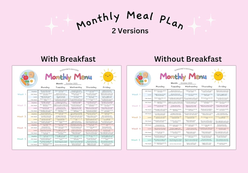 Daycare Monthly Menu, Printable Menu for Daycare, Editable, Daycare ...