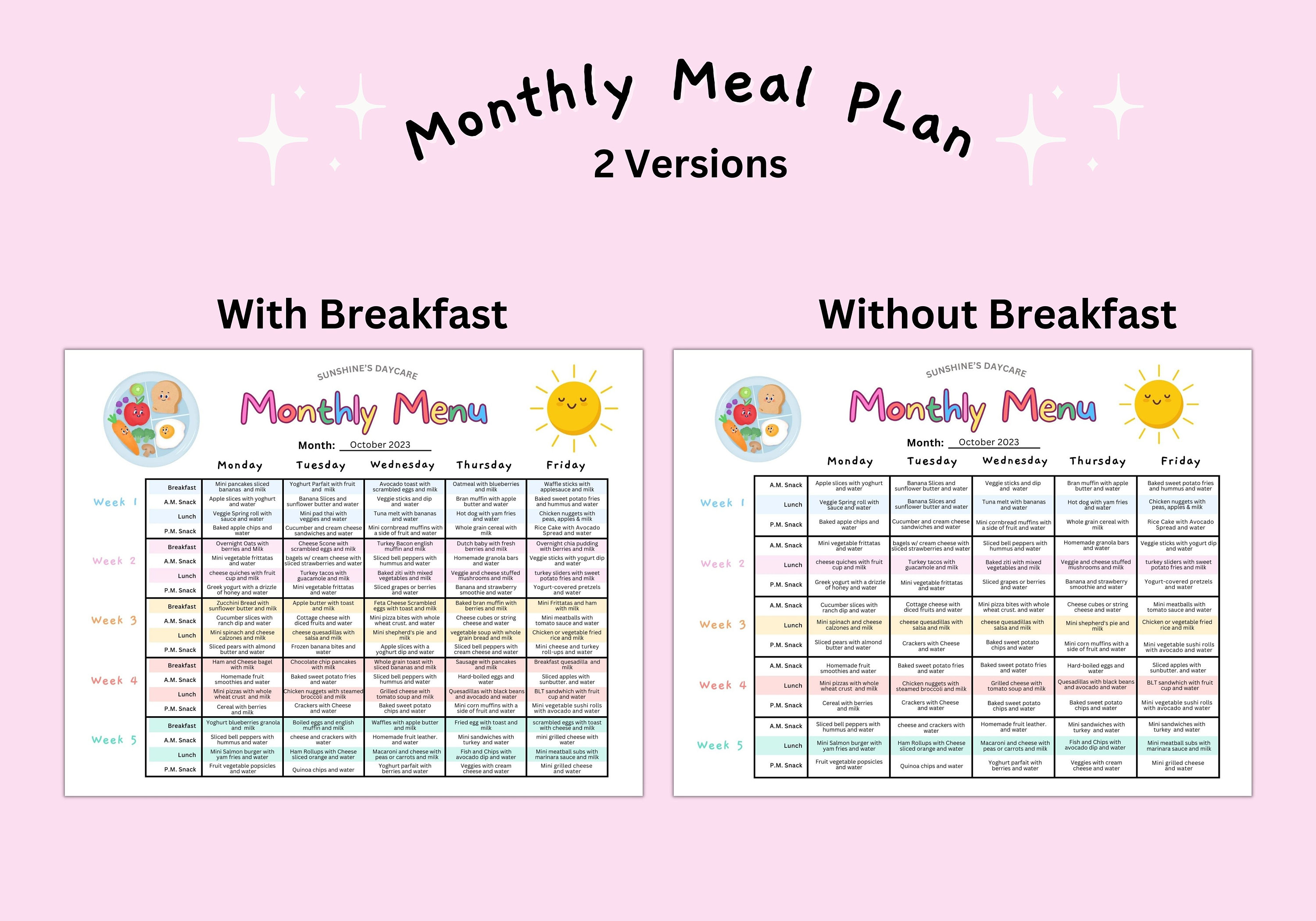 Daycare Monthly Menu, Printable Menu for Daycare, Editable, Daycare ...