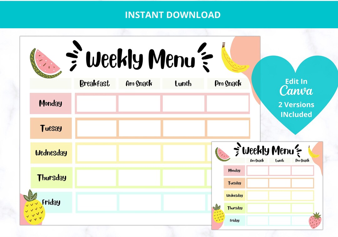 Daycare Weekly Menu, Printable Weekly Menu for Daycare, Daycare Meal ...