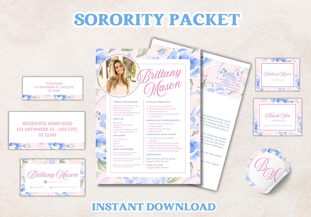 Sorority Resume Packet Template, Blue Floral Blooms Watercolor ...