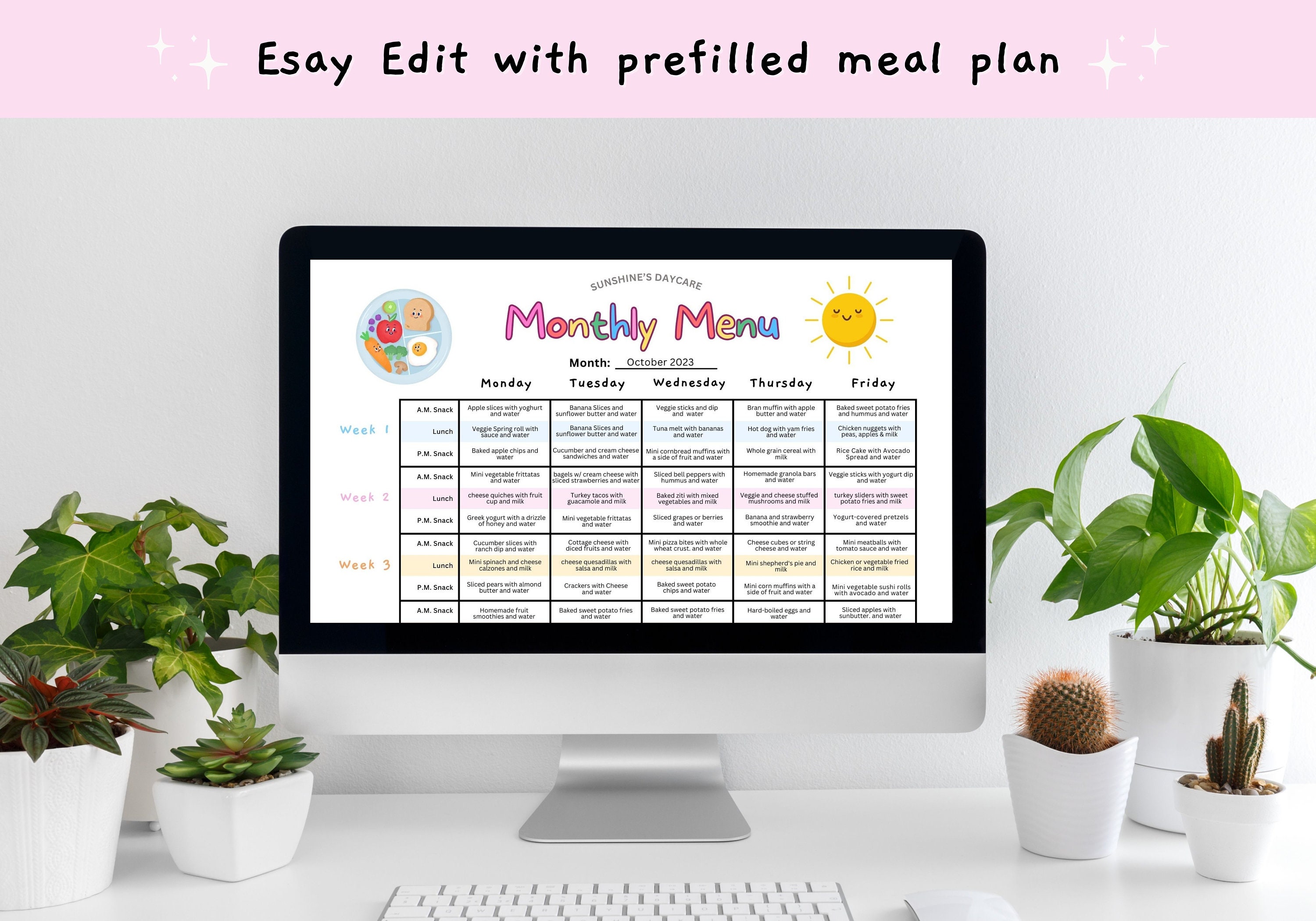 Daycare Monthly Menu Printable Menu for Daycare Editable - Etsy
