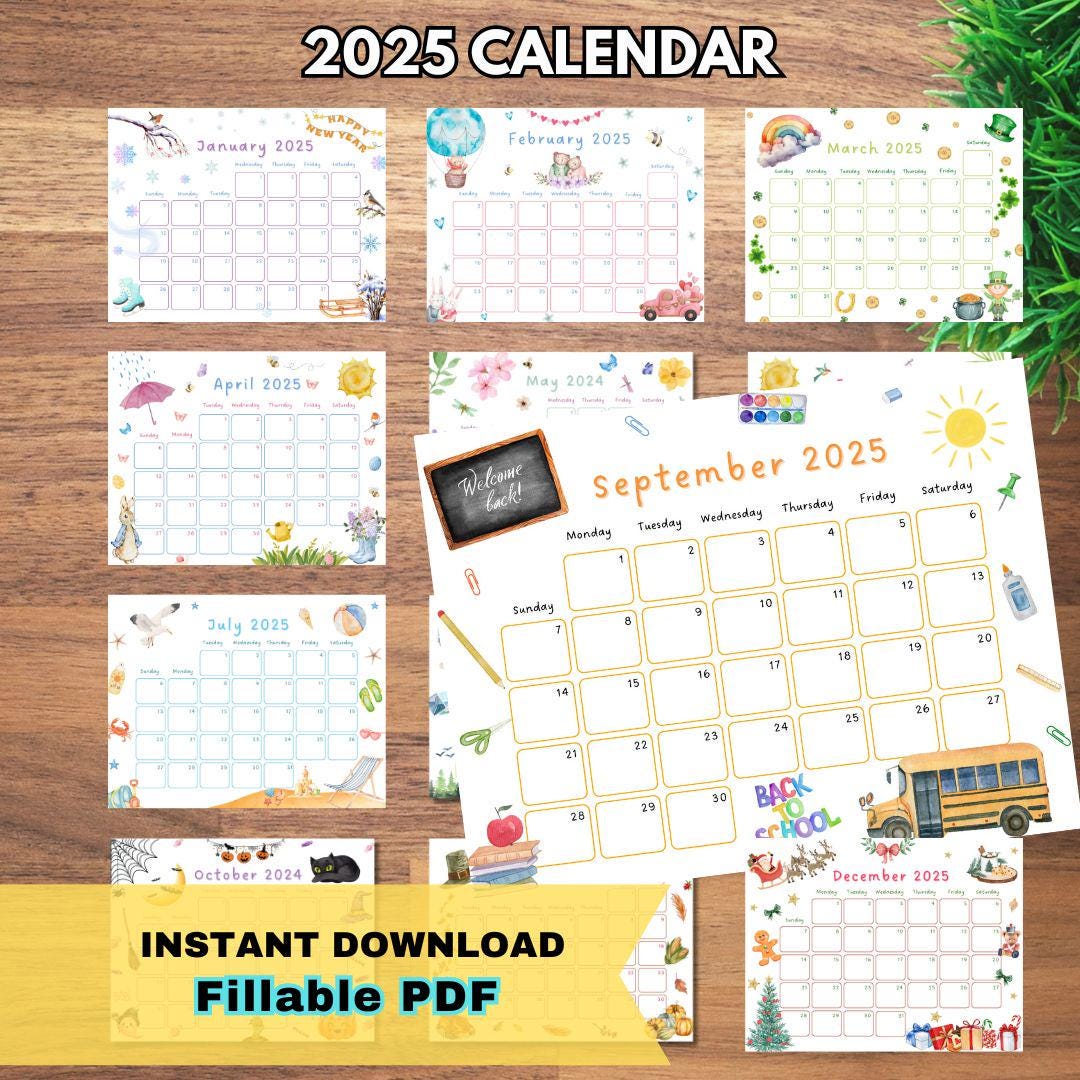 2025 Printable Calendar, Editable PDF Printable Kids Calendar, Daycare ...