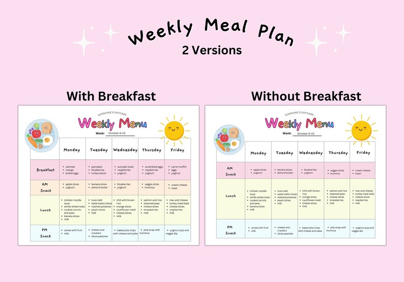Daycare Weekly Menu, Printable Weekly Menu for Daycare, Daycare Meal ...