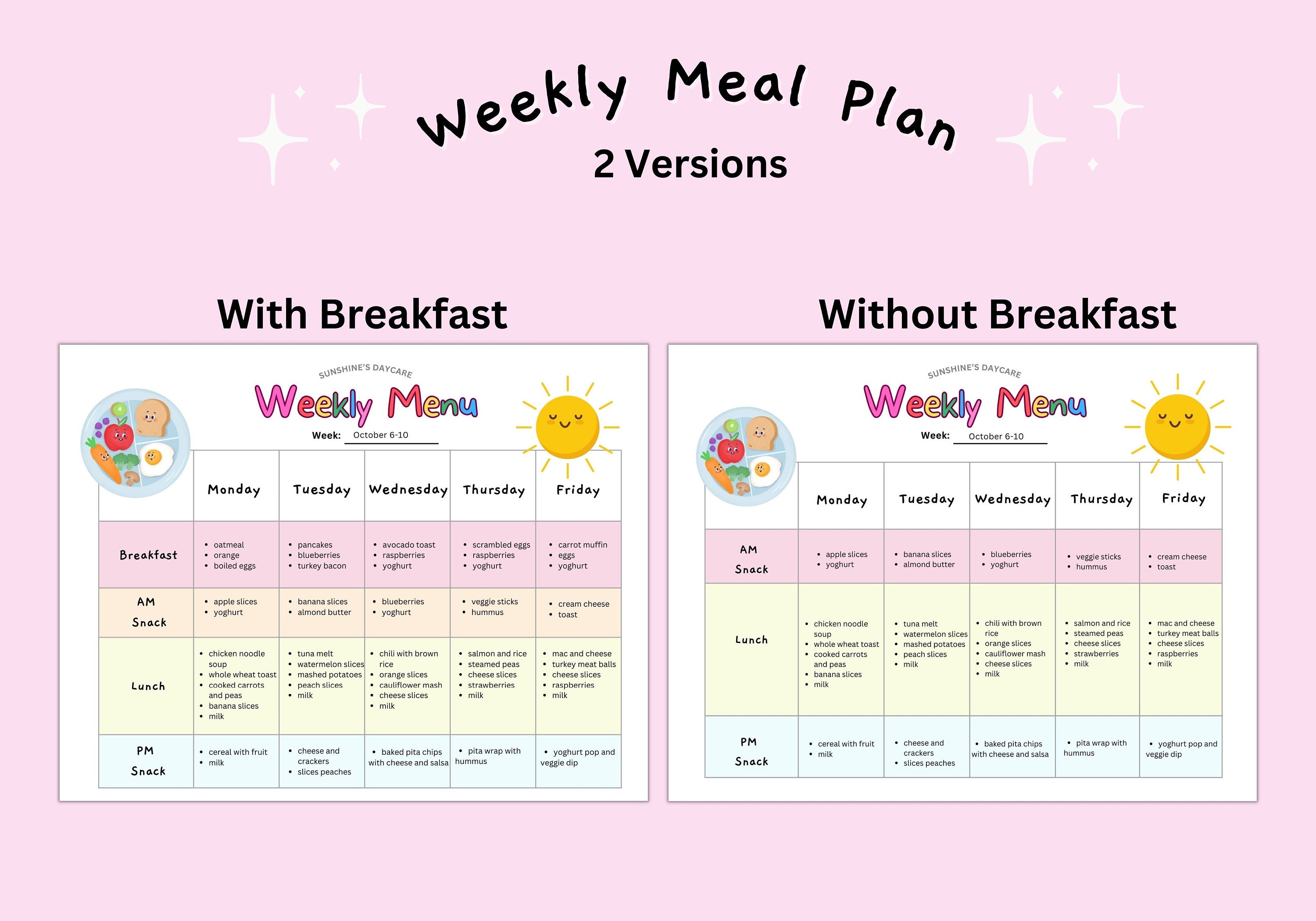 Daycare Weekly Menu, Printable Weekly Menu for Daycare, Daycare Meal ...