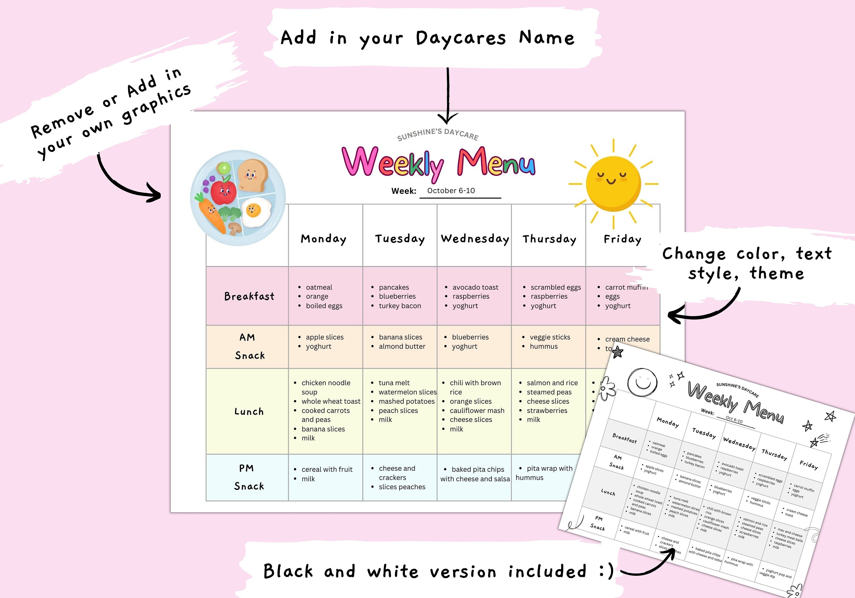 Daycare Weekly Menu, Printable Weekly Menu for Daycare, Daycare Meal ...