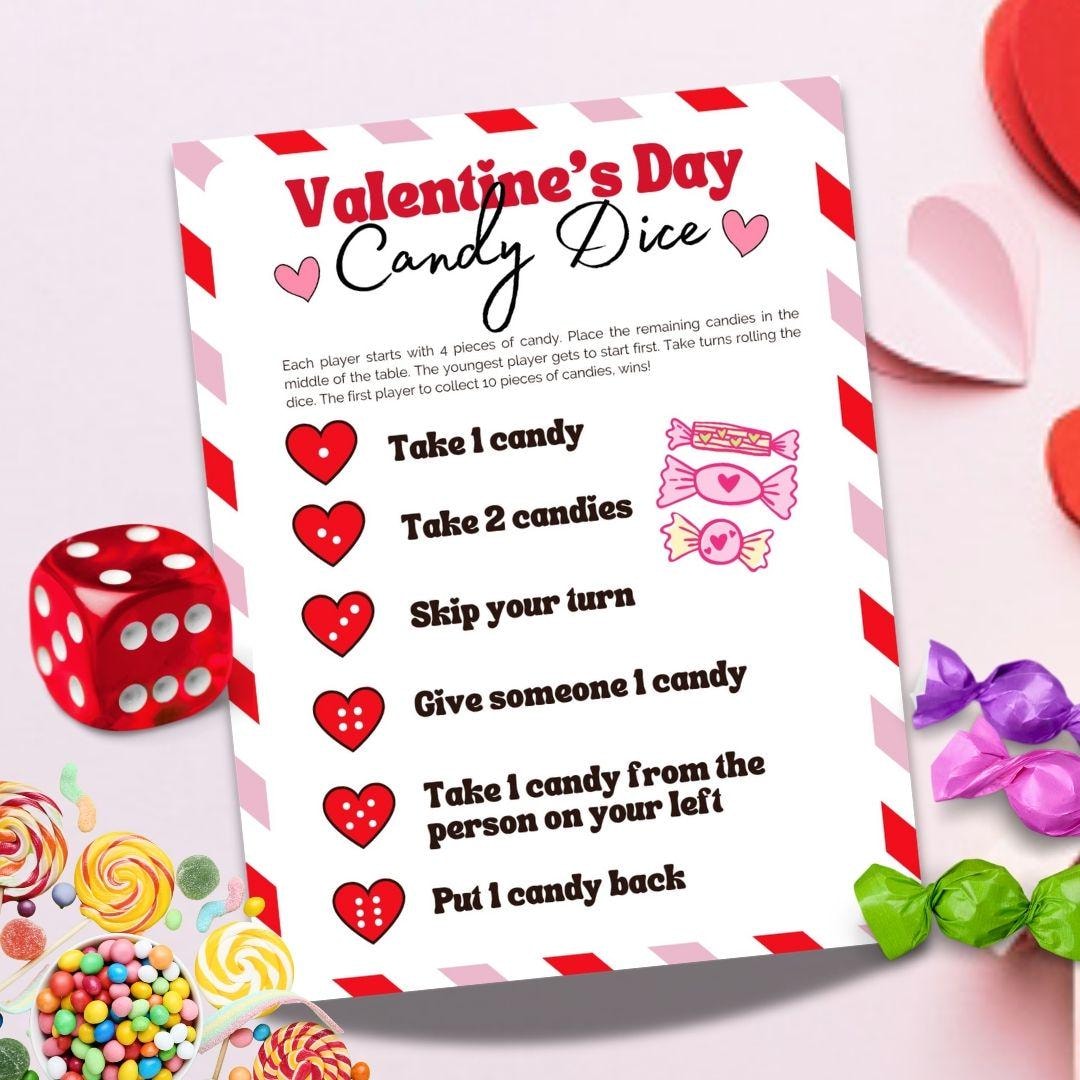Printable Valentine's Day Game, Roll the Dice Game Candy, Romantic ...