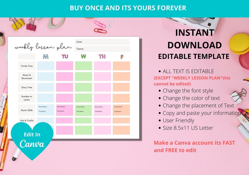 Weekly Lesson Plan Template Teacher Lesson Planner - Etsy