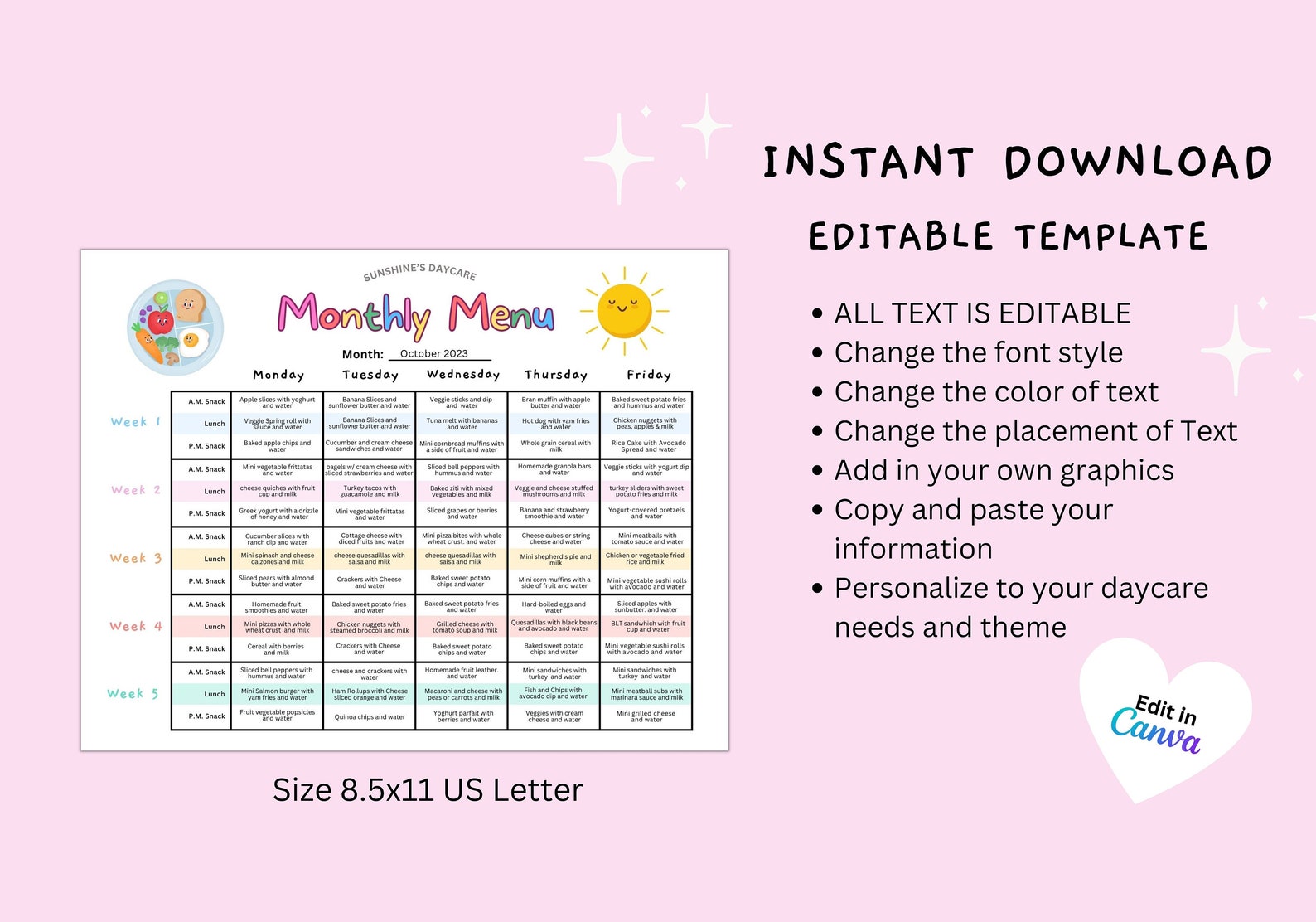 Daycare Monthly Menu, Printable Menu for Daycare, Editable, Daycare ...