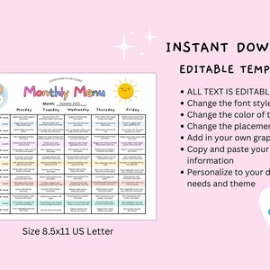 Daycare Monthly Menu, Printable Menu for Daycare, Editable, Daycare ...