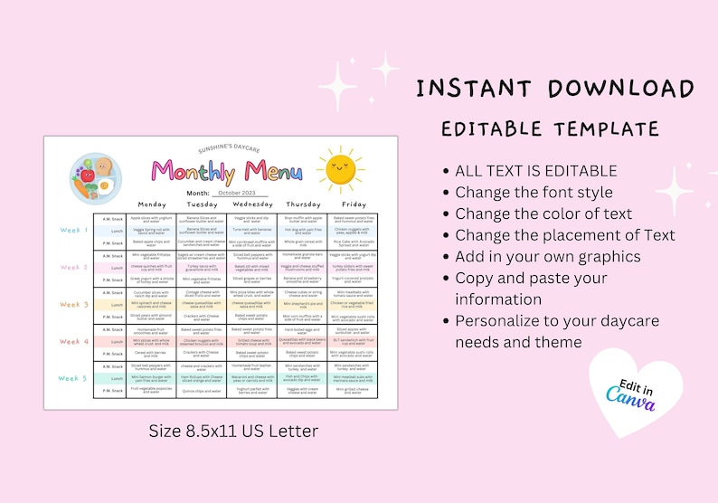 Daycare Monthly Menu, Printable Menu for Daycare, Editable, Daycare ...