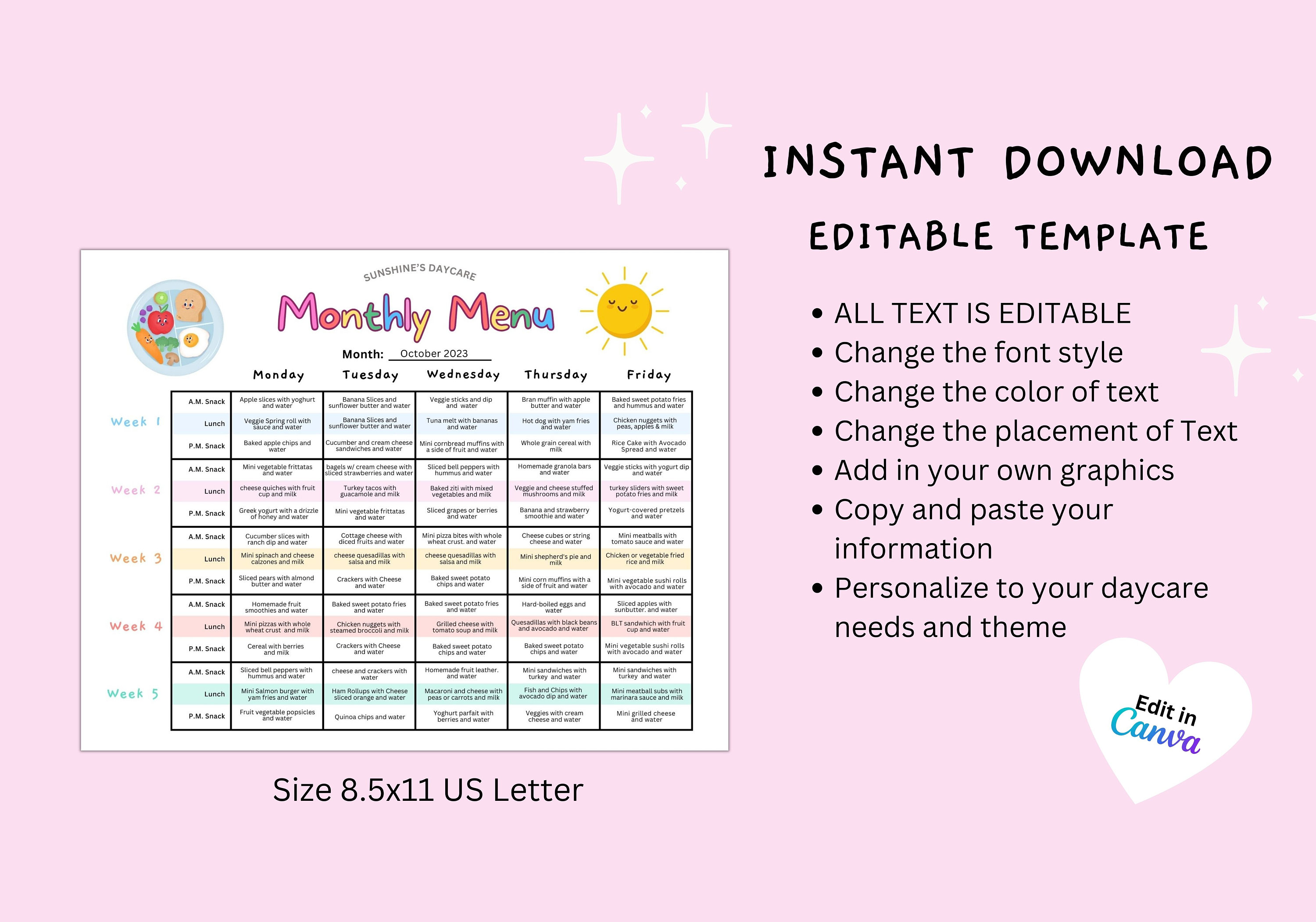 Daycare Monthly Menu, Printable Menu for Daycare, Editable, Daycare ...