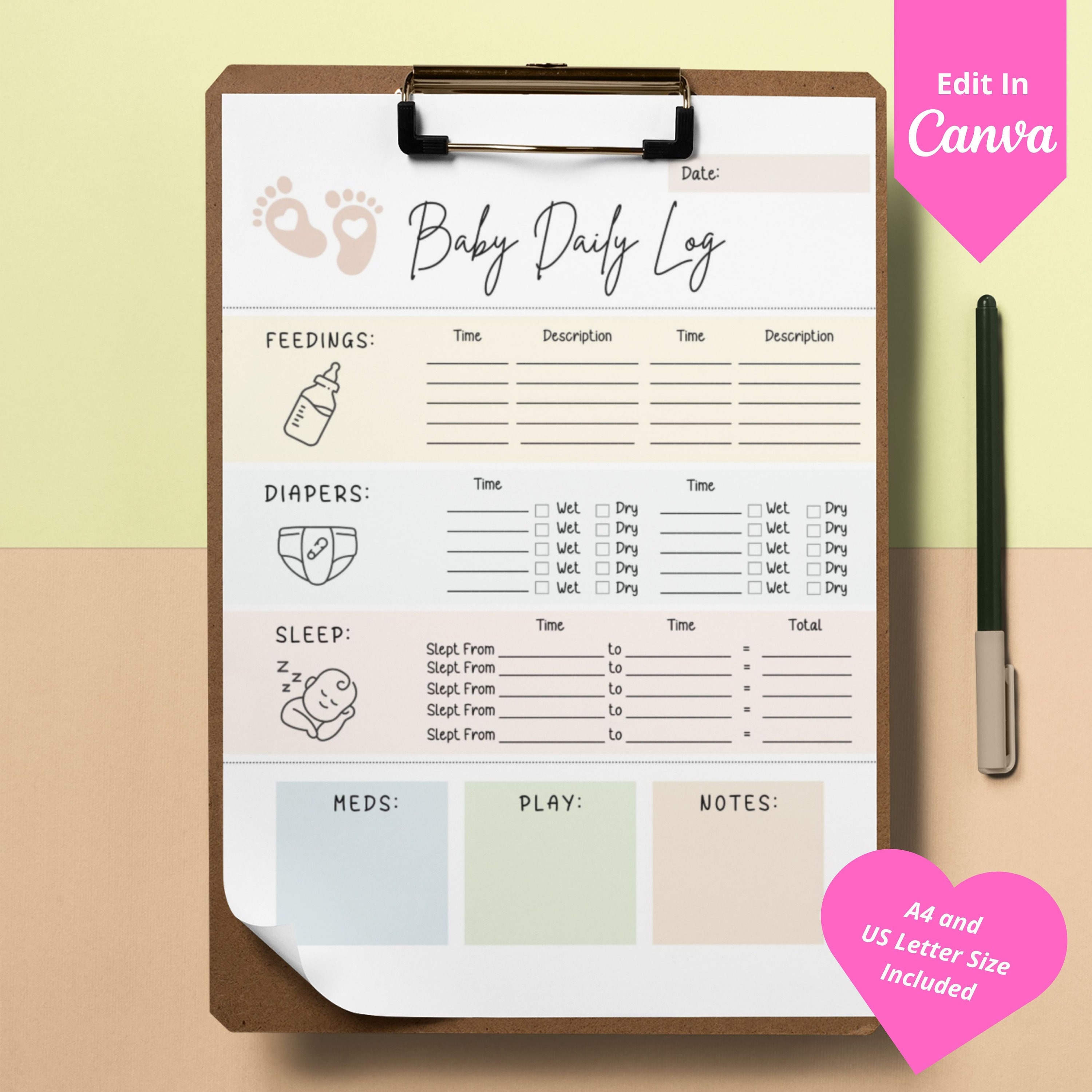 Daily Baby Log Template, Editable, Printable, Baby Care, Nanny Log, New ...