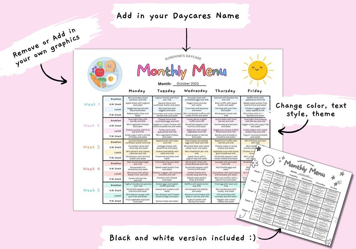 Daycare Monthly Menu Printable Menu for Daycare Editable - Etsy