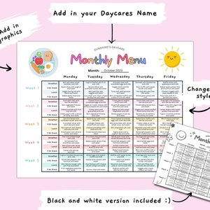Daycare Monthly Menu, Printable Menu for Daycare, Editable, Daycare ...