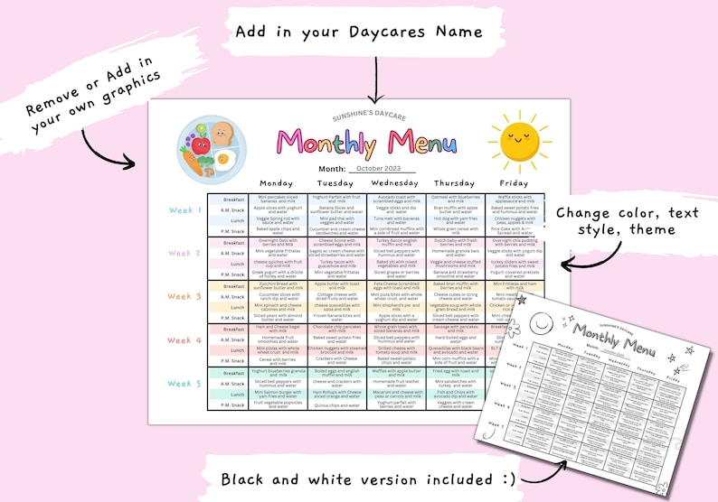 Daycare Monthly Menu, Printable Menu for Daycare, Editable, Daycare ...