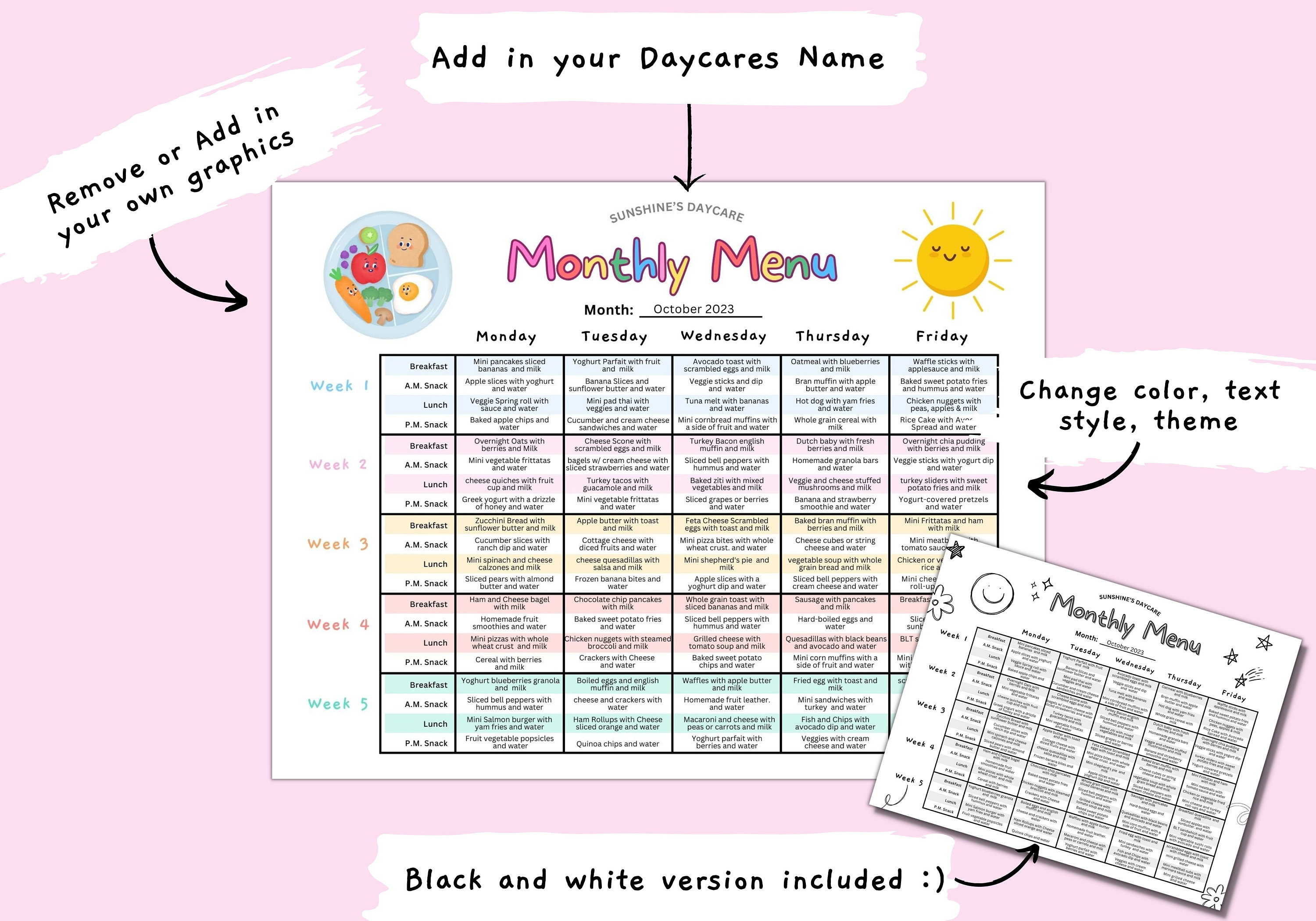 Daycare Monthly Menu, Printable Menu for Daycare, Editable, Daycare ...
