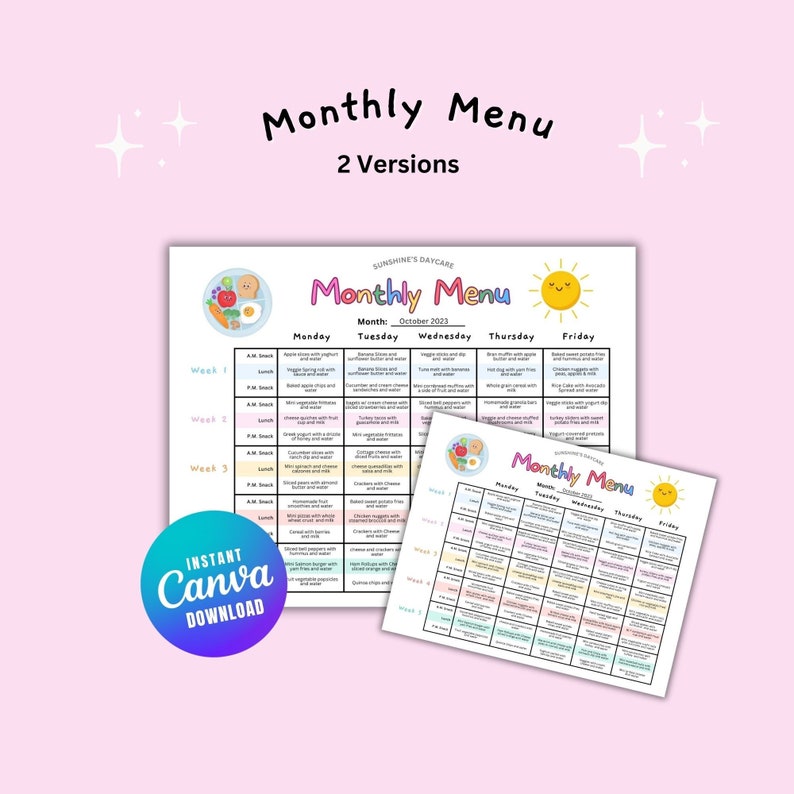 Daycare Monthly Menu, Printable Menu for Daycare, Editable, Daycare ...
