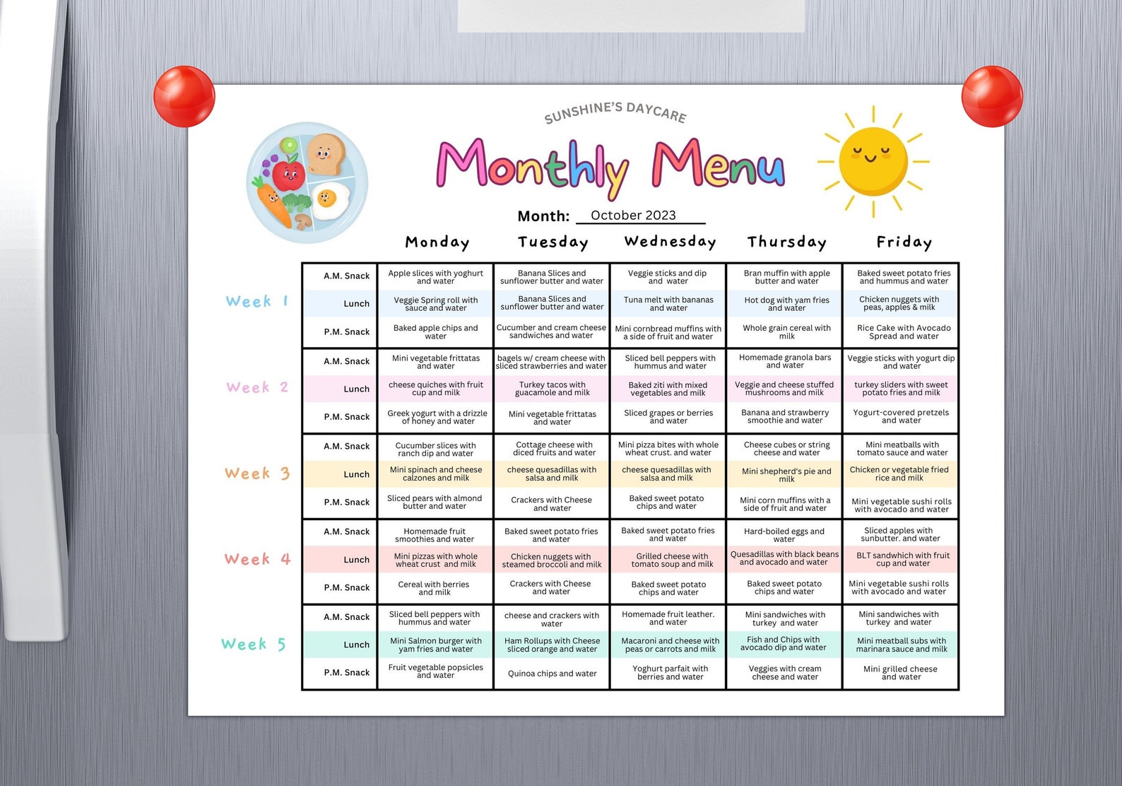 Daycare Monthly Menu, Printable Menu for Daycare, Editable, Daycare ...