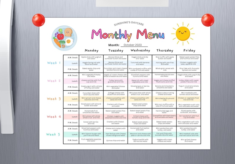 Daycare Monthly Menu, Printable Menu for Daycare, Editable, Daycare ...